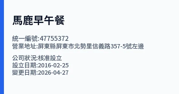 馬鹿早午餐的照片-統編 47755372(屏東縣) 公司登記資料與營業項目詳細圖表