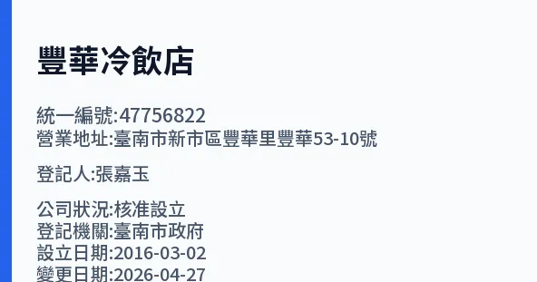 豐華冷飲店的照片-統編 47756822(臺南市) 公司登記資料與營業項目詳細圖表