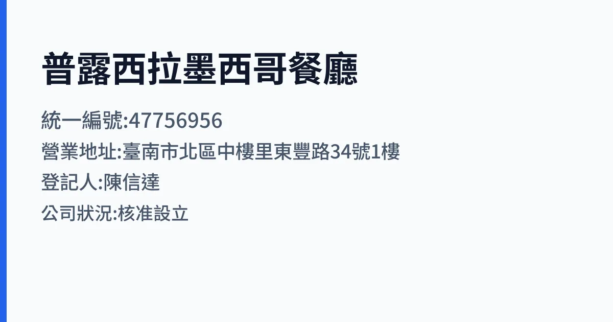 普露西拉墨西哥餐廳 - 統編 47756956(臺南市) 公司登記資料與營業項目詳細圖表