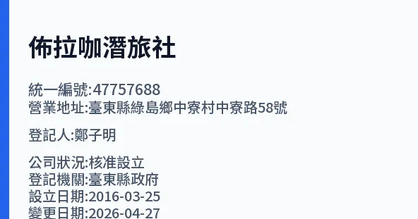 佈拉咖潛旅社的照片-統編 47757688(臺東縣) 公司登記資料與營業項目詳細圖表