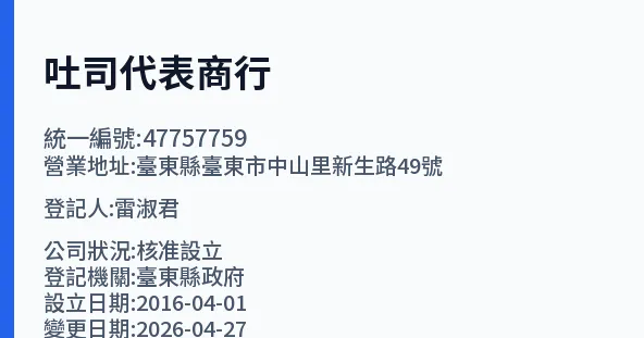 吐司代表商行的照片-統編 47757759(臺東縣) 公司登記資料與營業項目詳細圖表