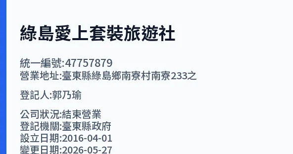 綠島愛上套裝旅遊社的照片-統編 47757879(臺東縣) 公司登記資料與營業項目詳細圖表