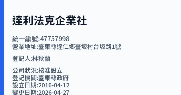 達利法克企業社的照片-統編 47757998(臺東縣) 公司登記資料與營業項目詳細圖表