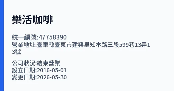 樂活咖啡的照片-統編 47758390(臺東縣) 公司登記資料與營業項目詳細圖表