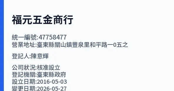 福元五金商行的照片-統編 47758477(臺東縣) 公司登記資料與營業項目詳細圖表