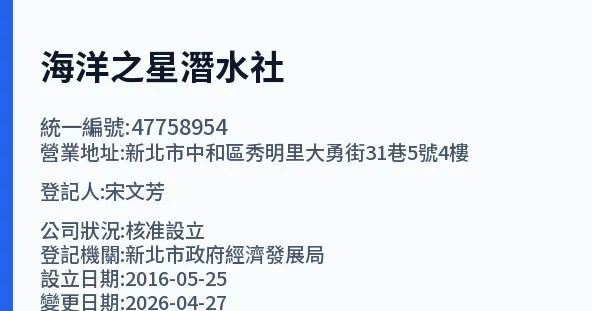 海洋之星潛水社的照片-統編 47758954(新北市) 公司登記資料與營業項目詳細圖表