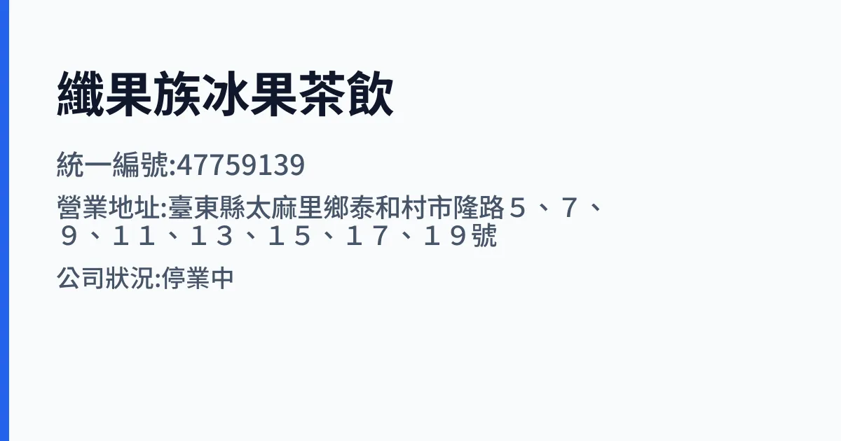 纖果族冰果茶飲 - 統編 47759139(臺東縣) 公司登記資料與營業項目詳細圖表