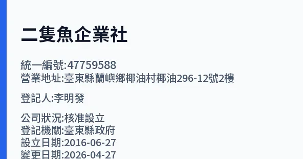 二隻魚企業社的照片-統編 47759588(臺東縣) 公司登記資料與營業項目詳細圖表