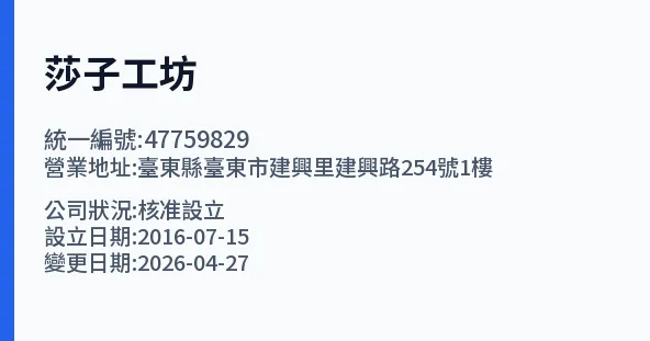 莎子工坊的照片-統編 47759829(臺東縣) 公司登記資料與營業項目詳細圖表