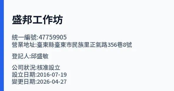盛邦工作坊的照片-統編 47759905(臺東縣) 公司登記資料與營業項目詳細圖表