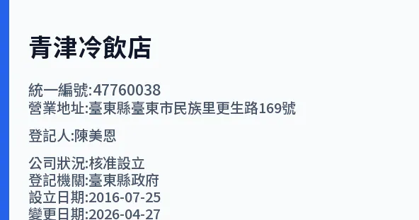 青津冷飲店的照片-統編 47760038(臺東縣) 公司登記資料與營業項目詳細圖表
