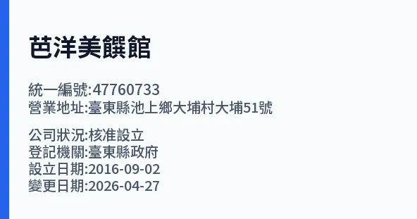 芭洋美饌館的照片-統編 47760733(臺東縣) 公司登記資料與營業項目詳細圖表