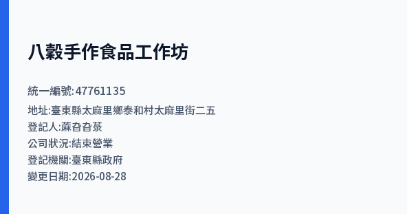 八穀手作食品工作坊的照片-統編 47761135(臺東縣) 公司登記資料與營業項目詳細圖表
