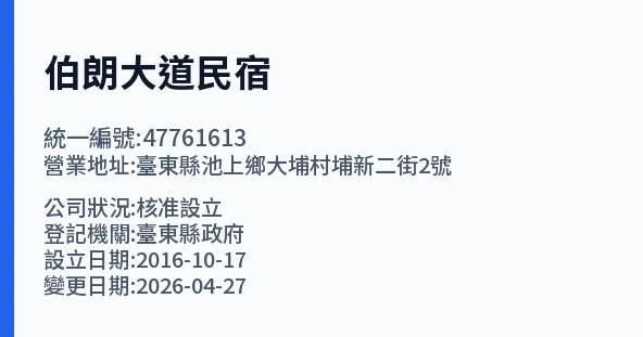 伯朗大道民宿的照片-統編 47761613(臺東縣) 公司登記資料與營業項目詳細圖表