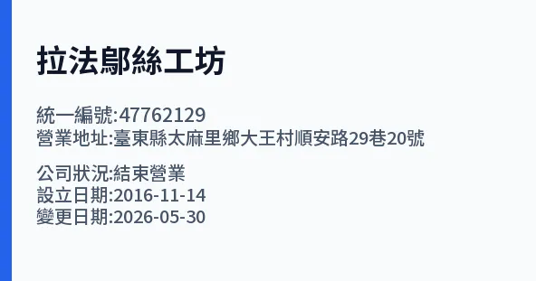 拉法鄔絲工坊的照片-統編 47762129(臺東縣) 公司登記資料與營業項目詳細圖表