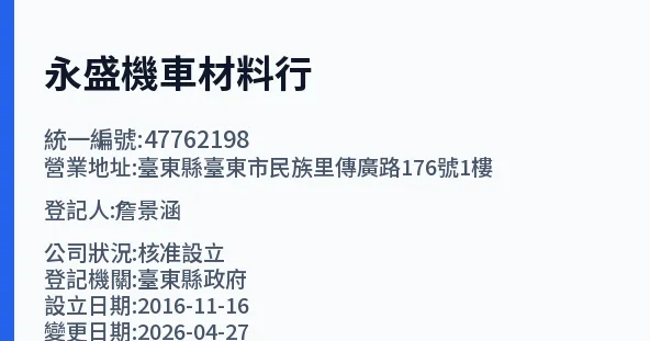 永盛機車材料行的照片-統編 47762198(臺東縣) 公司登記資料與營業項目詳細圖表