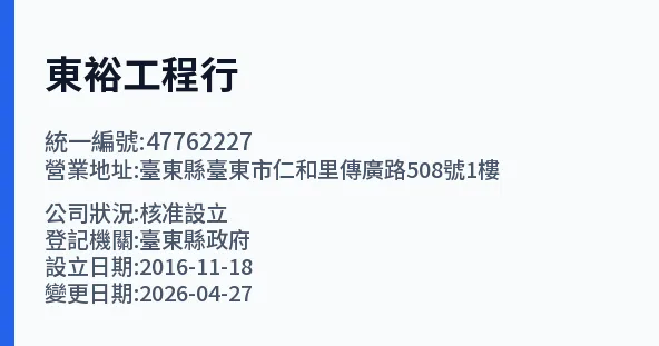 東裕工程行的照片-統編 47762227(臺東縣) 公司登記資料與營業項目詳細圖表