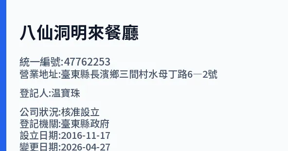 八仙洞明來餐廳的照片-統編 47762253(臺東縣) 公司登記資料與營業項目詳細圖表