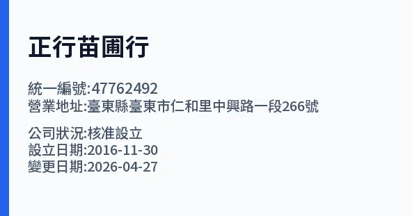 正行苗圃行的照片-統編 47762492(臺東縣) 公司登記資料與營業項目詳細圖表