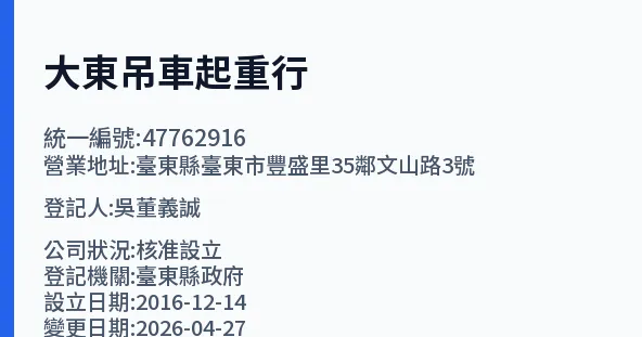 大東吊車起重行的照片-統編 47762916(臺東縣) 公司登記資料與營業項目詳細圖表