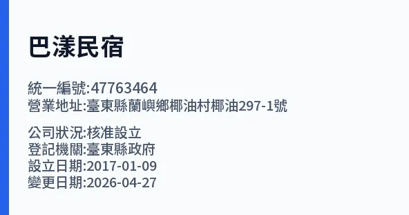 巴漾民宿的照片-統編 47763464(臺東縣) 公司登記資料與營業項目詳細圖表
