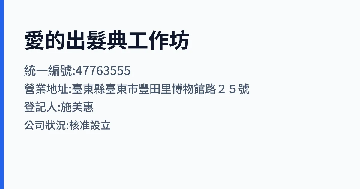 愛的出髮典工作坊 - 統編 47763555(臺東縣) 公司登記資料與營業項目詳細圖表