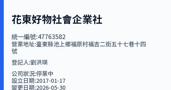 花東好物社會企業社的照片-統編 47763582(臺東縣) 公司登記資料與營業項目詳細圖表