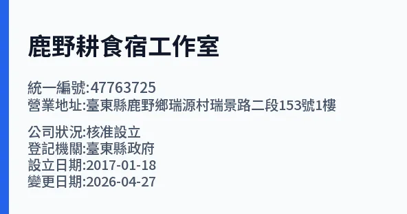 鹿野耕食宿工作室的照片-統編 47763725(臺東縣) 公司登記資料與營業項目詳細圖表