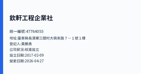 欽軒工程企業社的照片-統編 47764055(臺東縣) 公司登記資料與營業項目詳細圖表