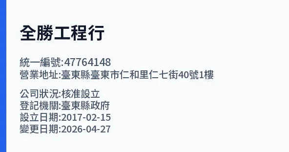 全勝工程行的照片-統編 47764148(臺東縣) 公司登記資料與營業項目詳細圖表