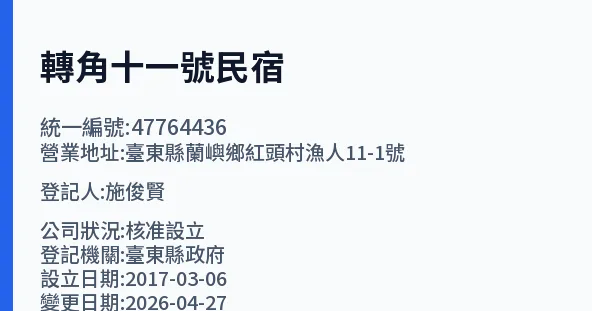 轉角十一號民宿的照片-統編 47764436(臺東縣) 公司登記資料與營業項目詳細圖表