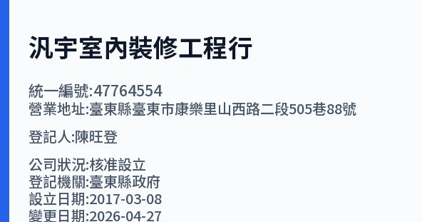 汎宇室內裝修工程行的照片-統編 47764554(臺東縣) 公司登記資料與營業項目詳細圖表