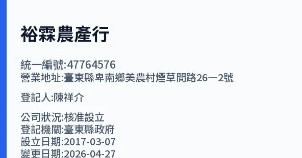 裕霖農產行的照片-統編 47764576(臺東縣) 公司登記資料與營業項目詳細圖表
