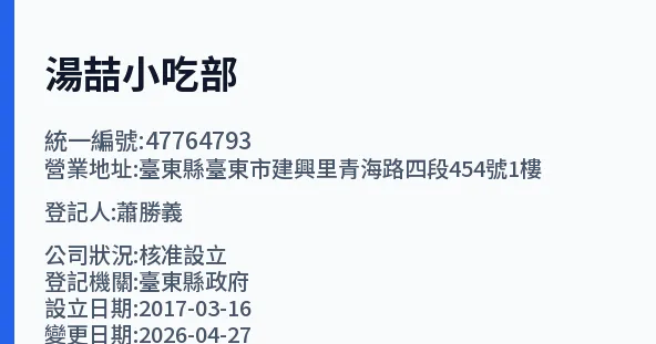 湯喆小吃部的照片-統編 47764793(臺東縣) 公司登記資料與營業項目詳細圖表