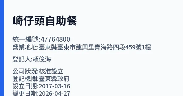 崎仔頭自助餐的照片-統編 47764800(臺東縣) 公司登記資料與營業項目詳細圖表