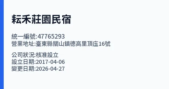 耘禾莊園民宿的照片-統編 47765293(臺東縣) 公司登記資料與營業項目詳細圖表