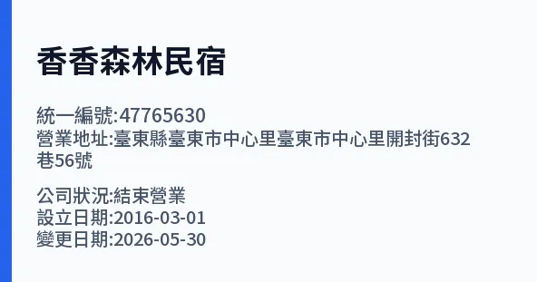 香香森林民宿的照片-統編 47765630(臺東縣) 公司登記資料與營業項目詳細圖表