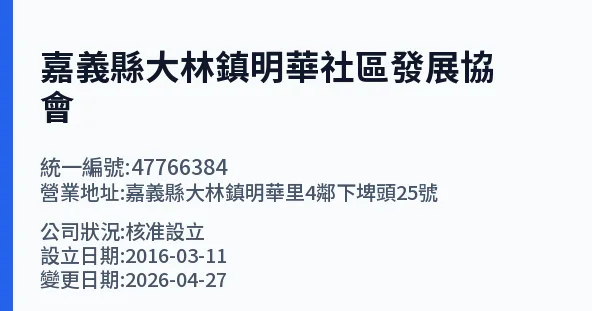 嘉義縣大林鎮明華社區發展協會的照片-統編 47766384(嘉義縣) 公司登記資料與營業項目詳細圖表