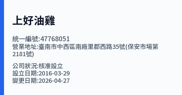 上好油雞的照片-統編 47768051(臺南市) 公司登記資料與營業項目詳細圖表
