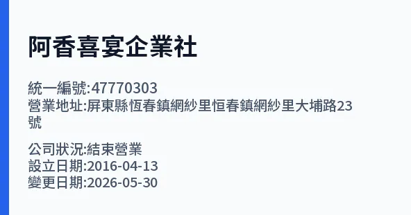 阿香喜宴企業社的照片-統編 47770303(屏東縣) 公司登記資料與營業項目詳細圖表