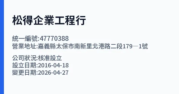 松得企業工程行的照片-統編 47770388(嘉義縣) 公司登記資料與營業項目詳細圖表
