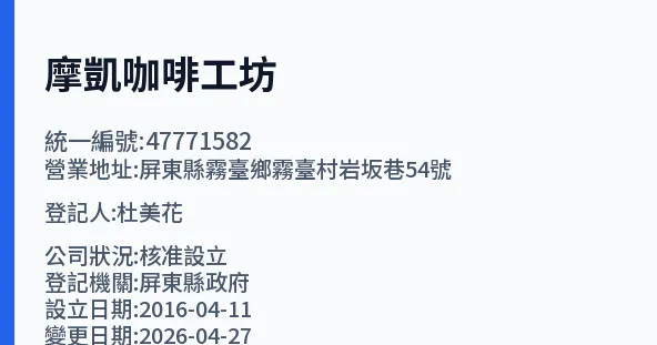 摩凱咖啡工坊的照片-統編 47771582(屏東縣) 公司登記資料與營業項目詳細圖表