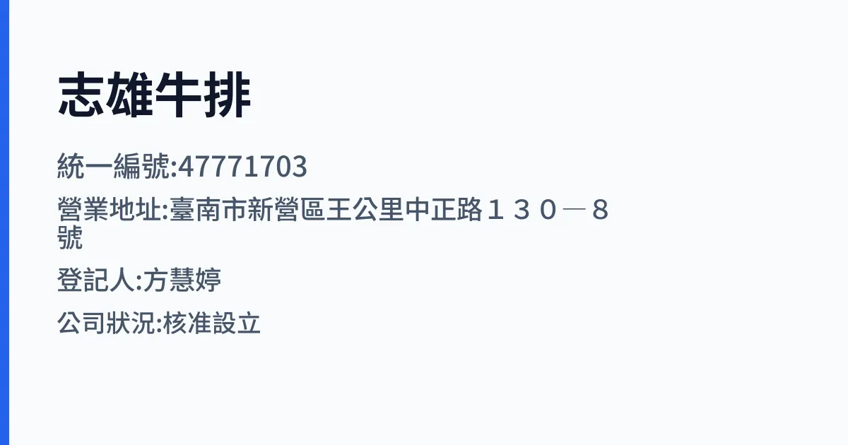志雄牛排 - 統編 47771703(臺南市) 公司登記資料與營業項目詳細圖表