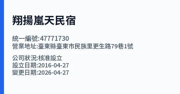 翔揚嵐天民宿的照片-統編 47771730(臺東縣) 公司登記資料與營業項目詳細圖表