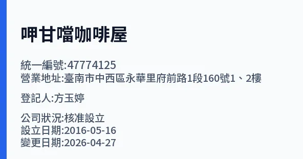 呷甘噹咖啡屋的照片-統編 47774125(臺南市) 公司登記資料與營業項目詳細圖表