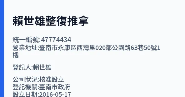 賴世雄整復推拿的照片-統編 47774434(臺南市) 公司登記資料與營業項目詳細圖表