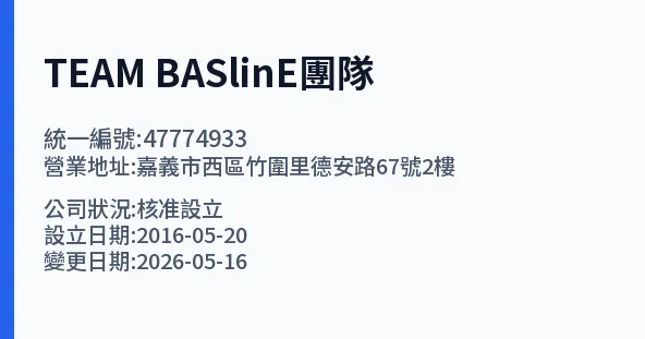 TEAM BASlinE團隊的照片-統編 47774933(嘉義市) 公司登記資料與營業項目詳細圖表