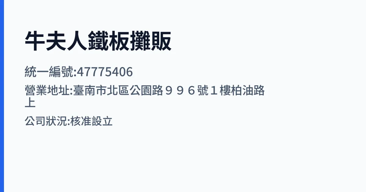 牛夫人鐵板攤販 - 統編 47775406(臺南市) 公司登記資料與營業項目詳細圖表