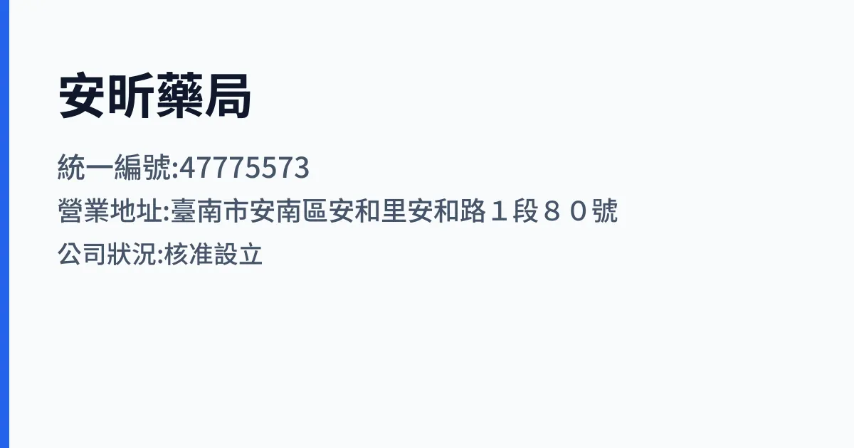 安昕藥局 - 統編 47775573(臺南市) 公司登記資料與營業項目詳細圖表