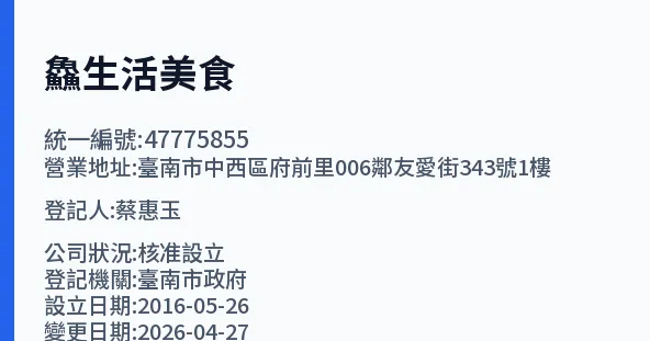 鱻生活美食的照片-統編 47775855(臺南市) 公司登記資料與營業項目詳細圖表